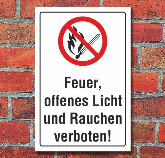 Schild Feuer, offenes Licht und Rauchen verboten, 3 mm Alu-Verbund 30 ...